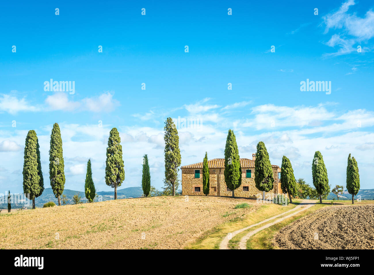 Typical house in Tuscany, Italy, with cypresses, field and blue sky ...