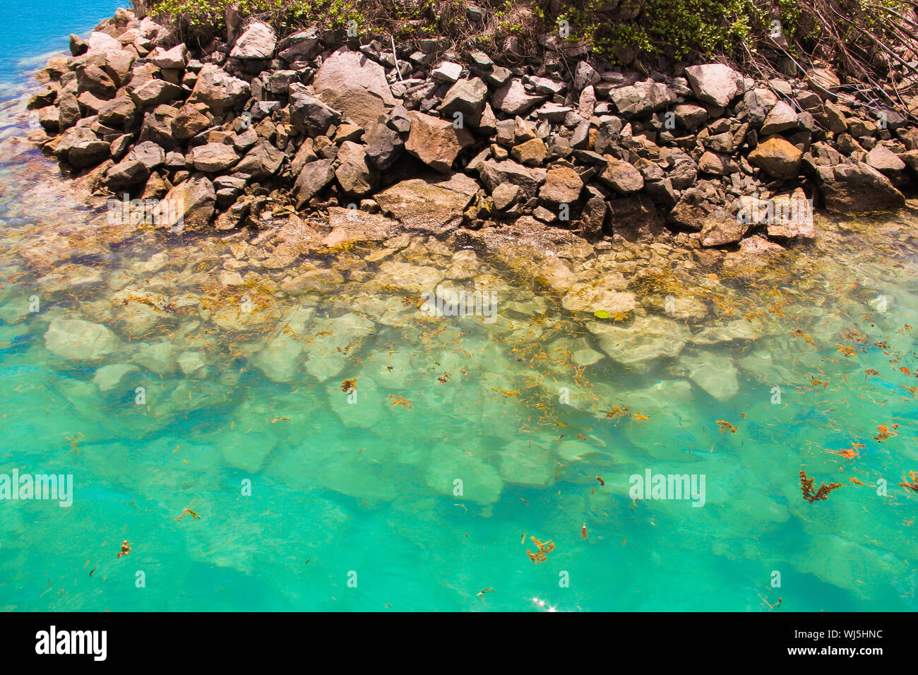 Turquoise exotic lagoon with big stones at Seychelles Stock Photo - Alamy