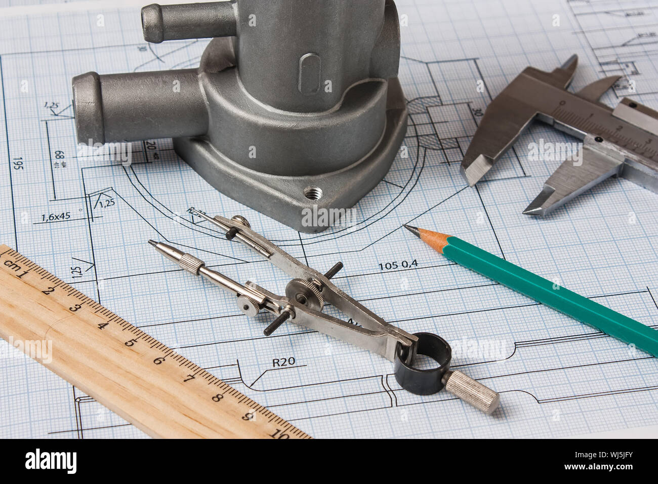 drawings of mechanisms with parts and tools Stock Photo - Alamy