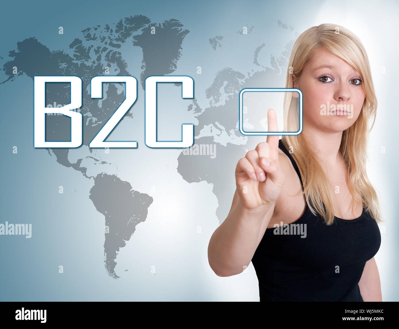 Young woman press digital Business to Customer button on interface in ...