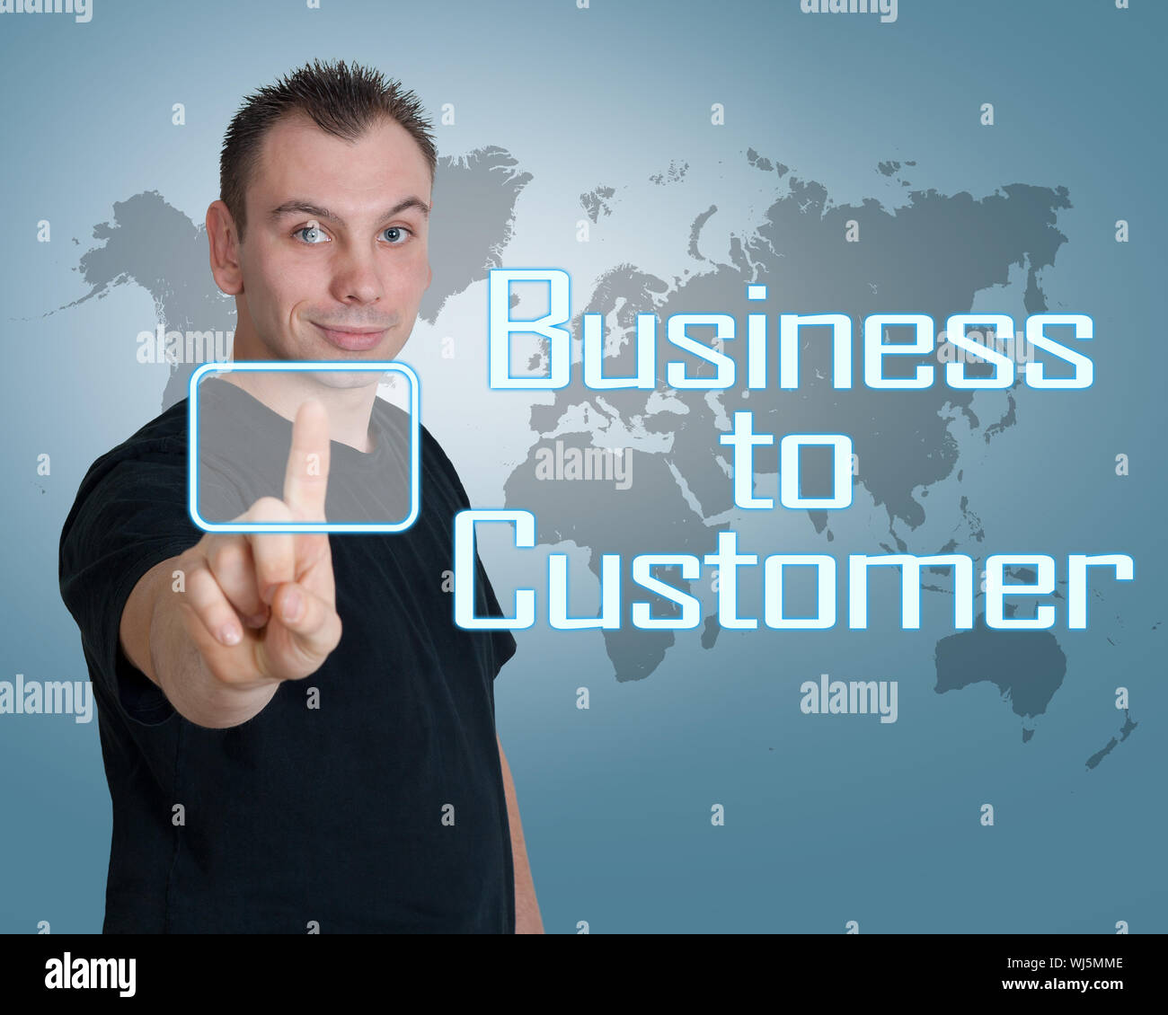Young man press digital Business to Customer button on interface in ...