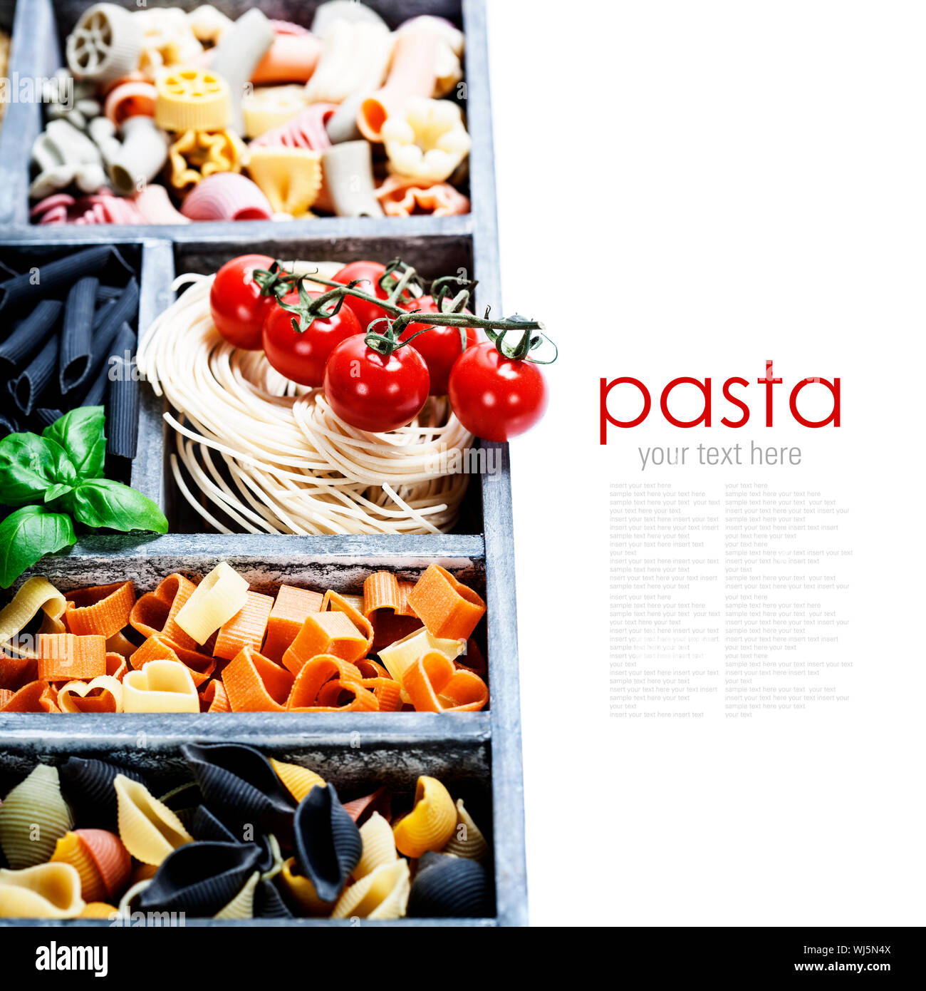 Assorted pastas in wooden box (with easy removable sample text Stock ...
