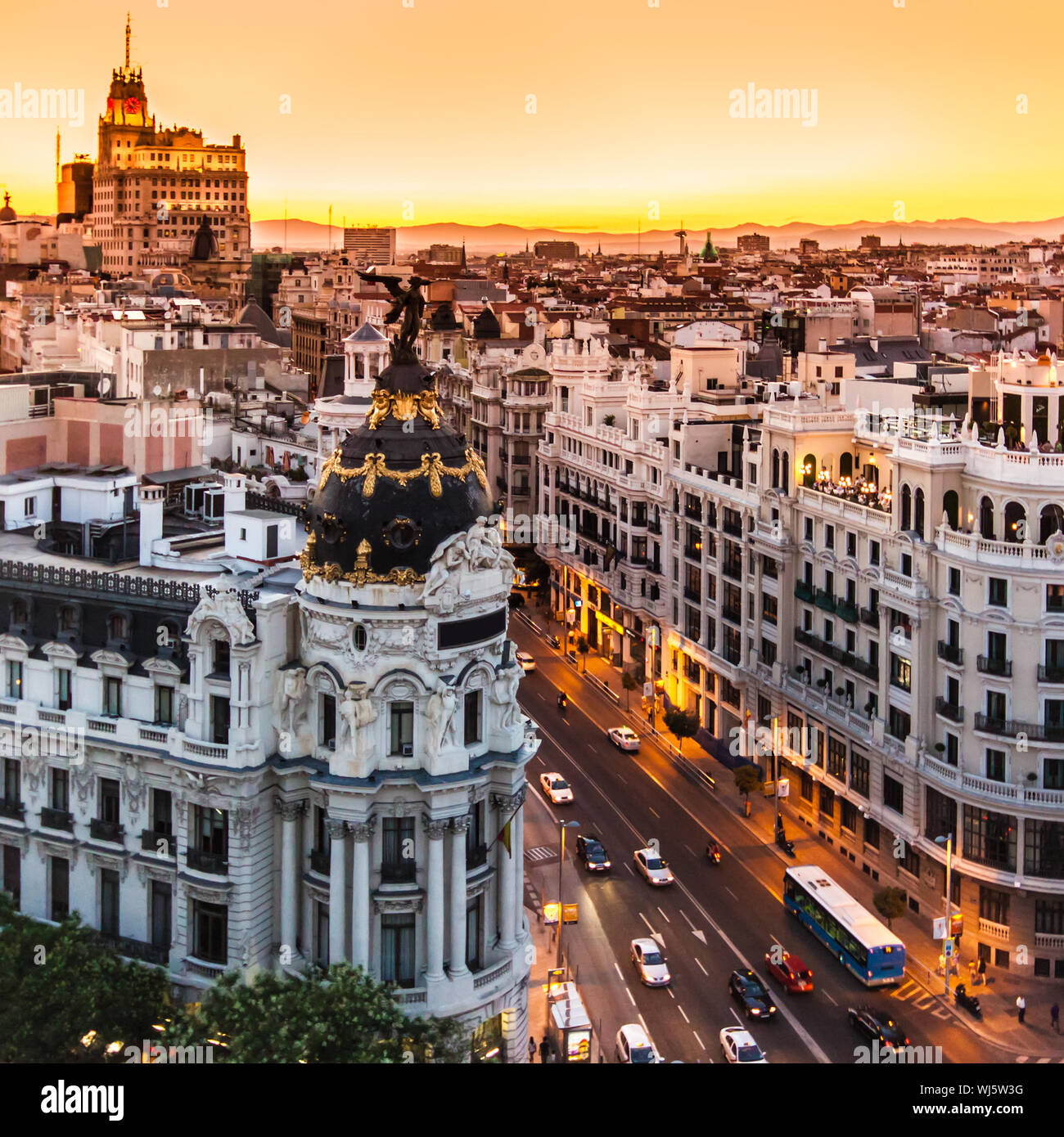 Panoramic aerial view of Gran Via, main shopping street in Madrid ...
