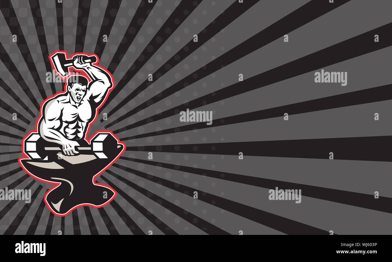 Business card template showing illustration of a blacksmith with hammer ...