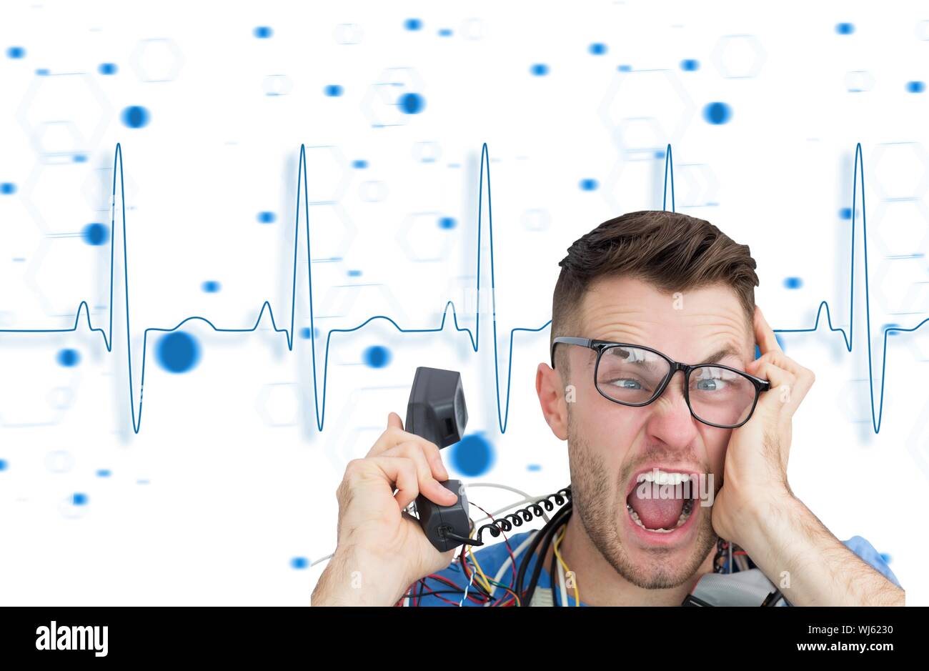 Composite image of frustrated computer engineer screaming while on call ...