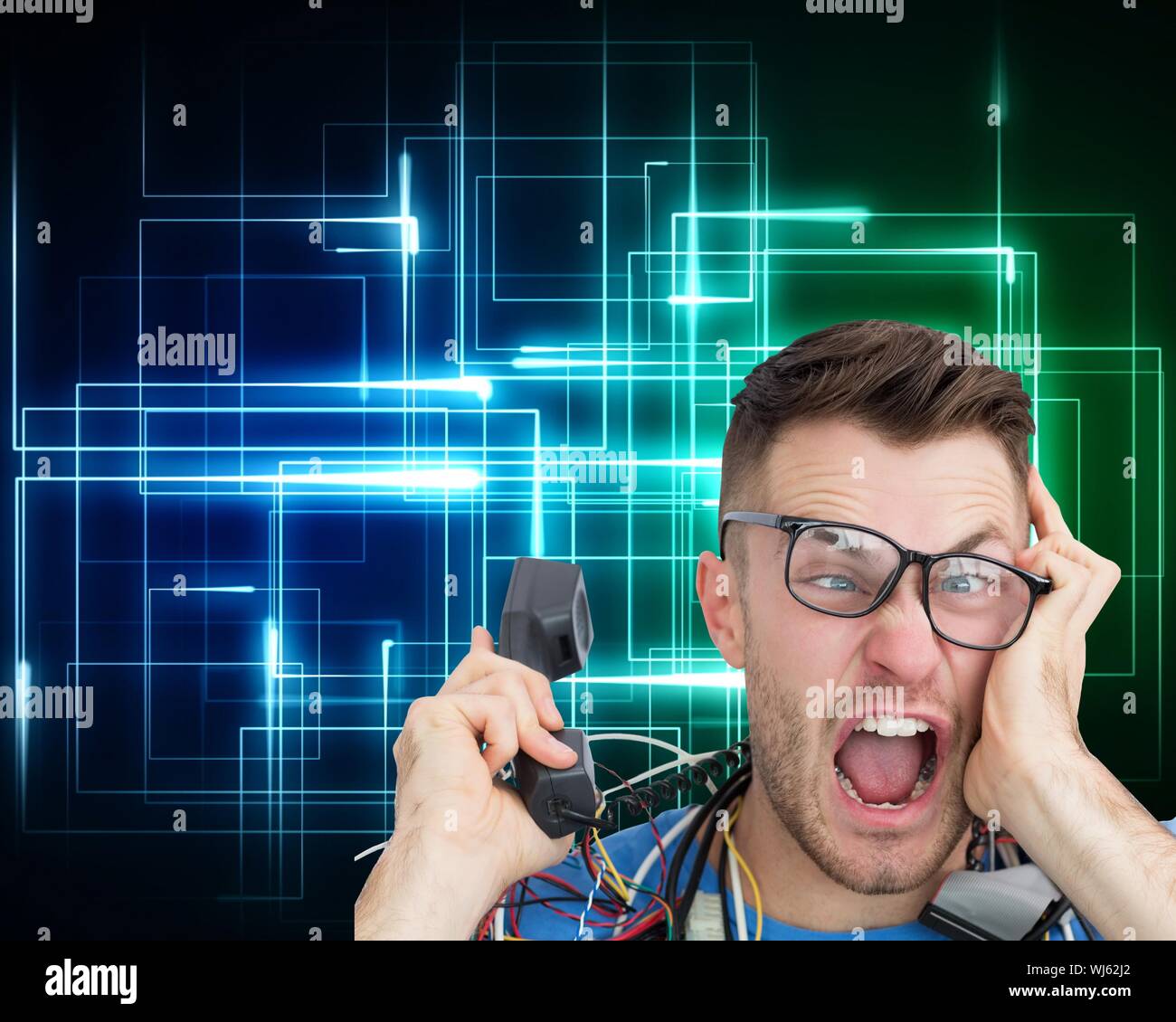 Composite image of frustrated computer engineer screaming while on call ...