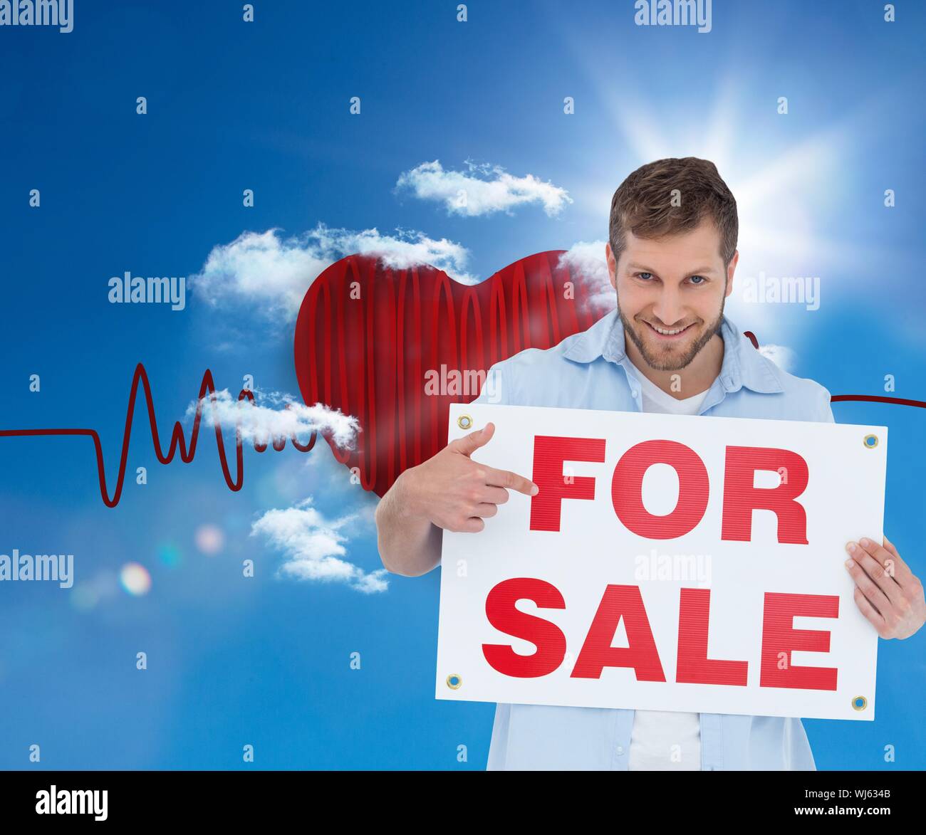 Composite image of smiling model holding a for sale sign in front of ...
