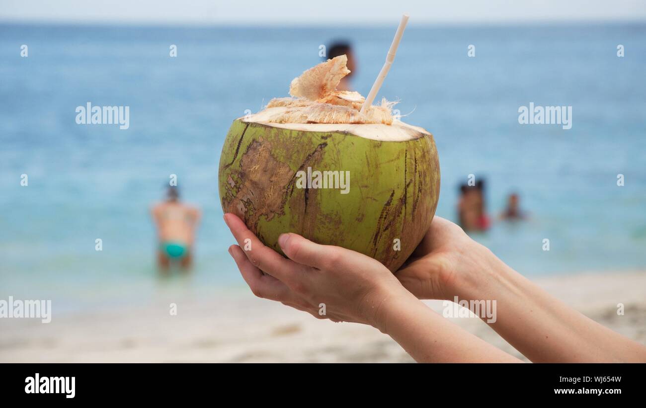 Hand holding coconut on beach hi-res stock photography and images - Alamy