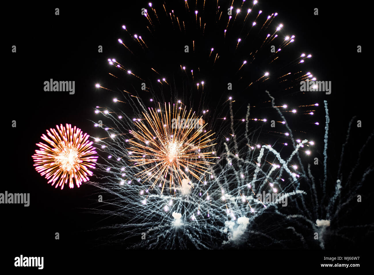 Salute, fireworks in the night sky. Pyrotechnic show on a holiday ...