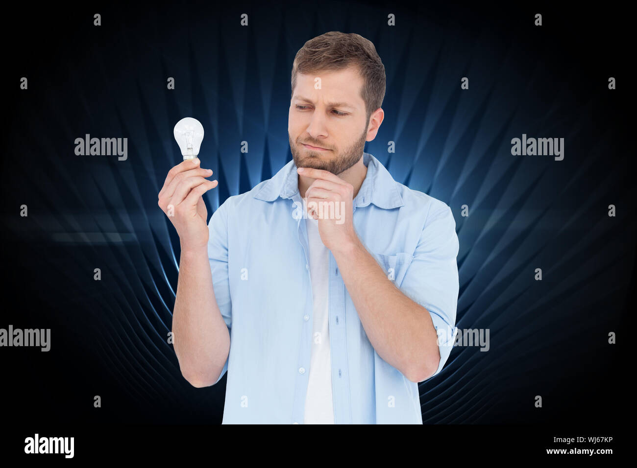 Composite image of sceptical model on white background holding a bulb ...