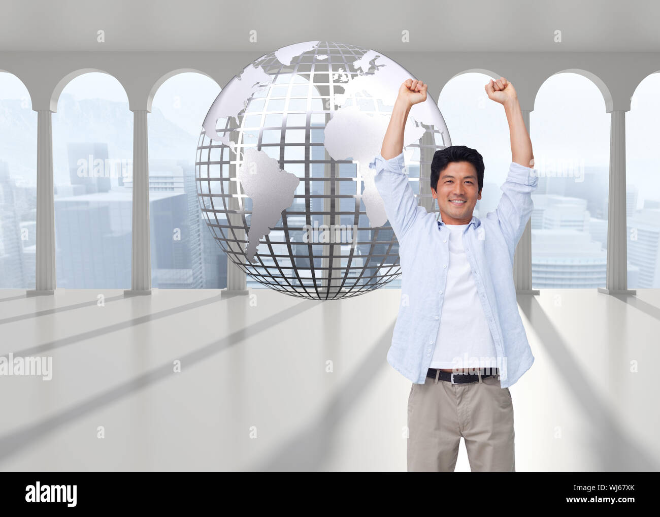 Composite image of cheering male with arms up against a white ...