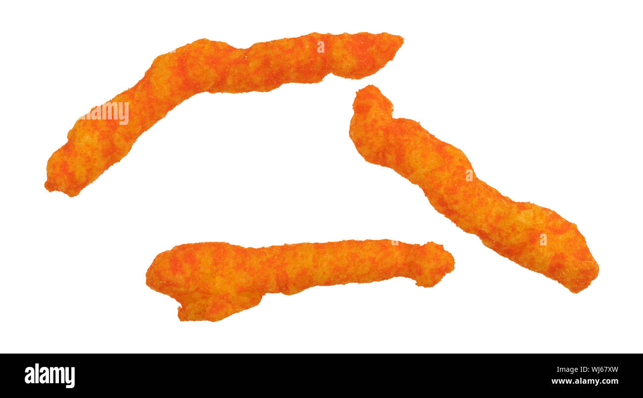 Three pieces of cheese doodle snack food isolated on a white background ...