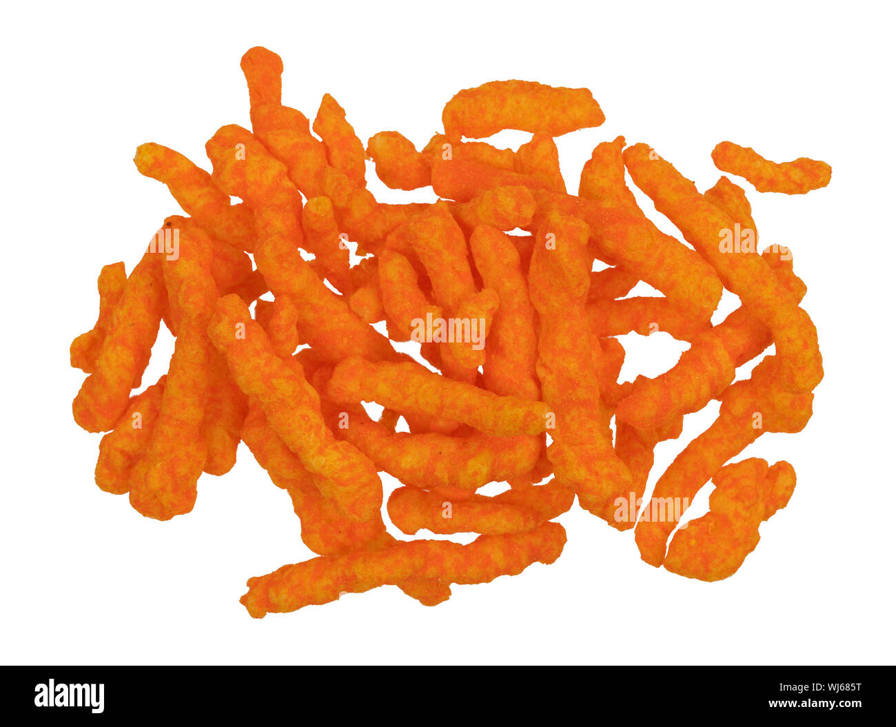 Top view of a group of cheese doodle snack food isolated on a white ...