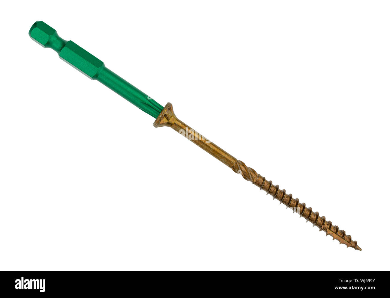 Single exterior deck screw with a green star driver bit connected to ...