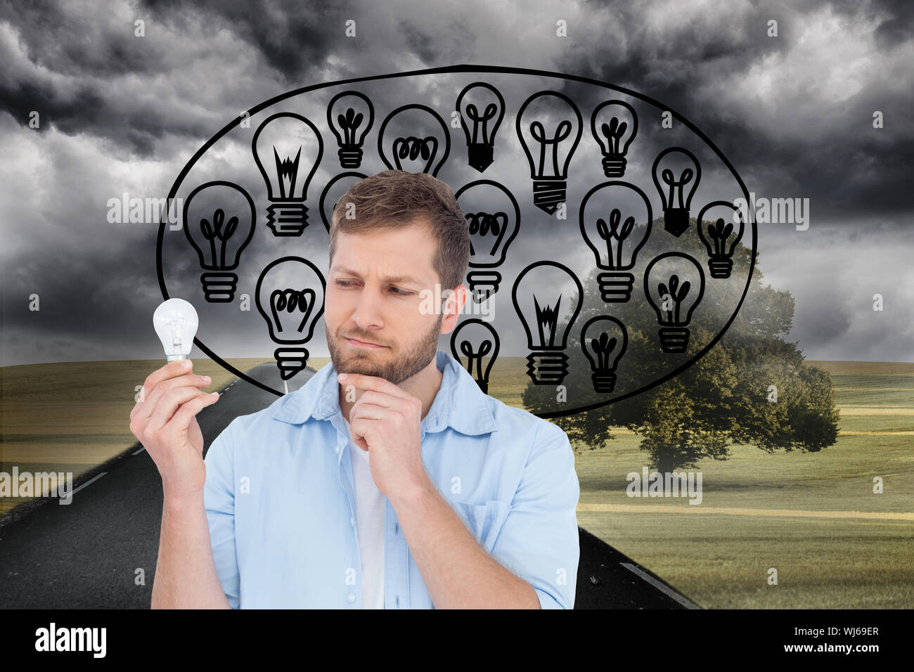 Composite image of sceptical model on white background holding a bulb ...