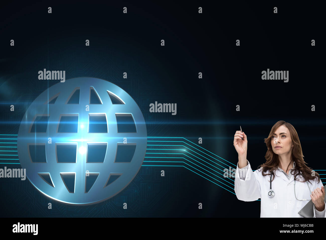 Composite image of stern brunette doctor pointing Stock Photo - Alamy