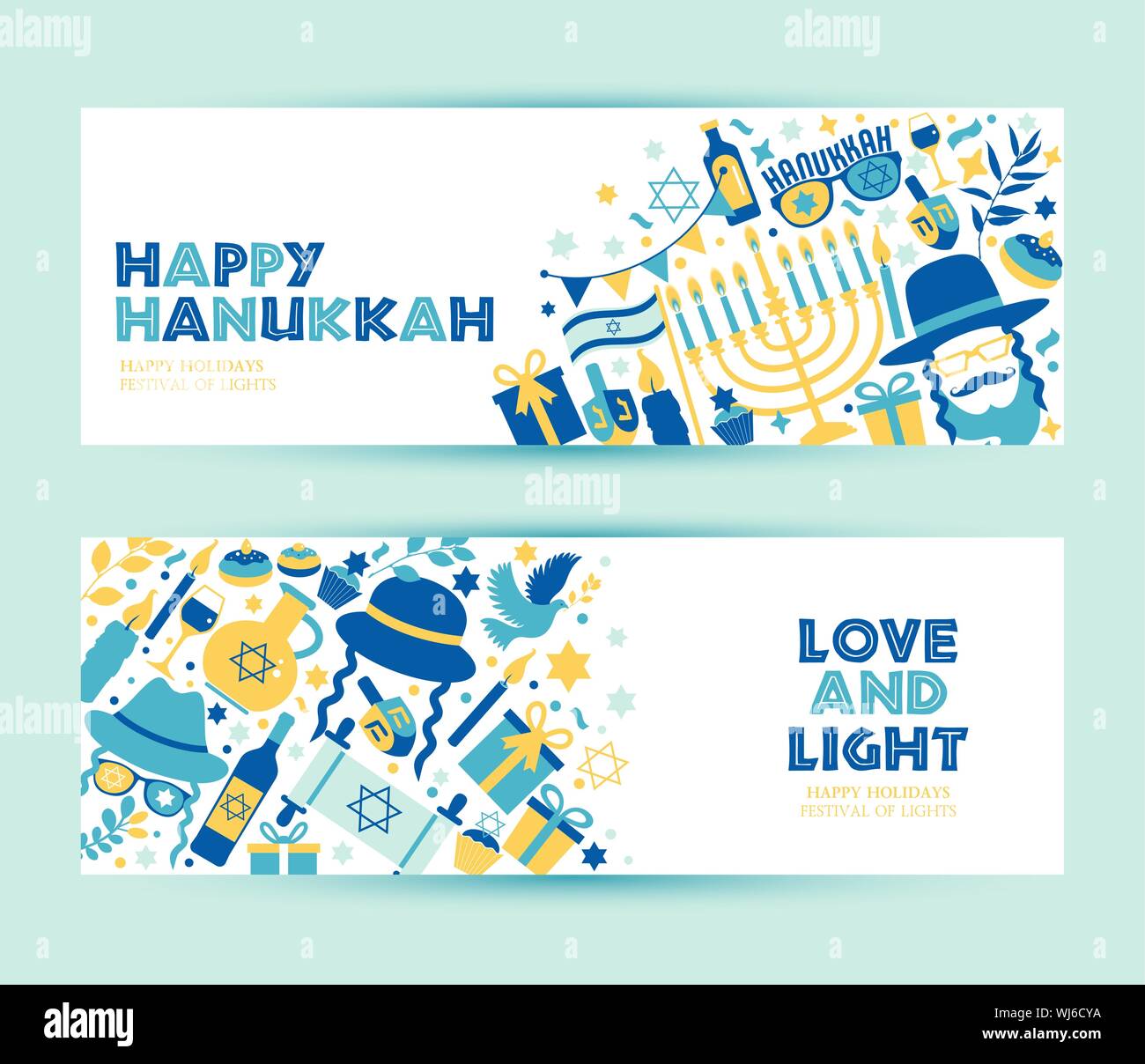 Jewish holiday Hanukkah greeting card traditional Chanukah symbols ...