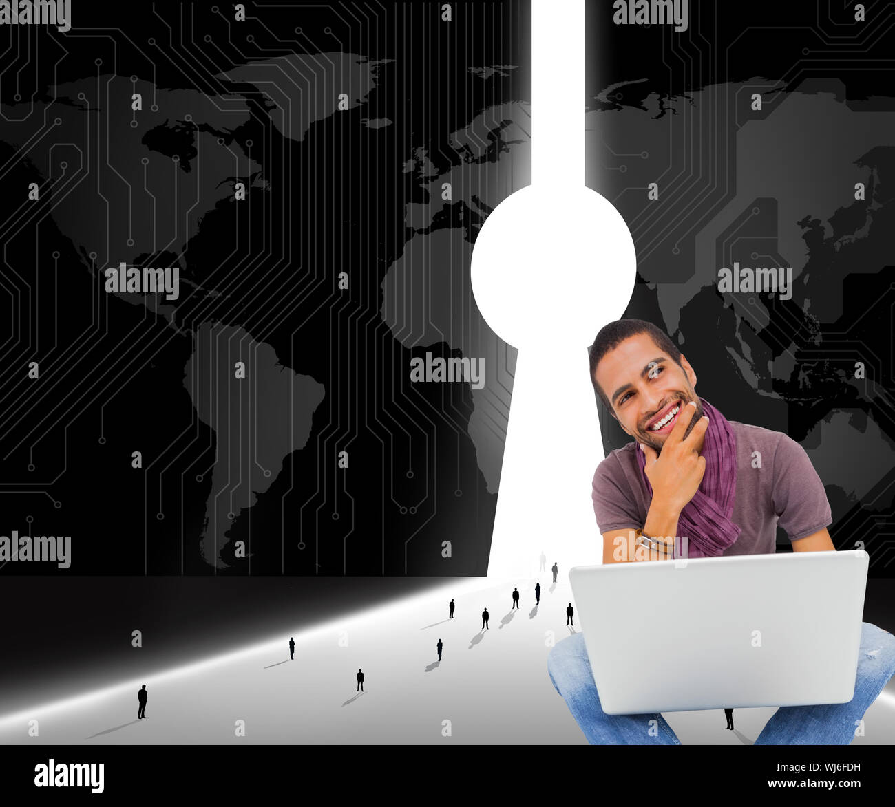 Composite image of thinking man sitting on floor using laptop and ...