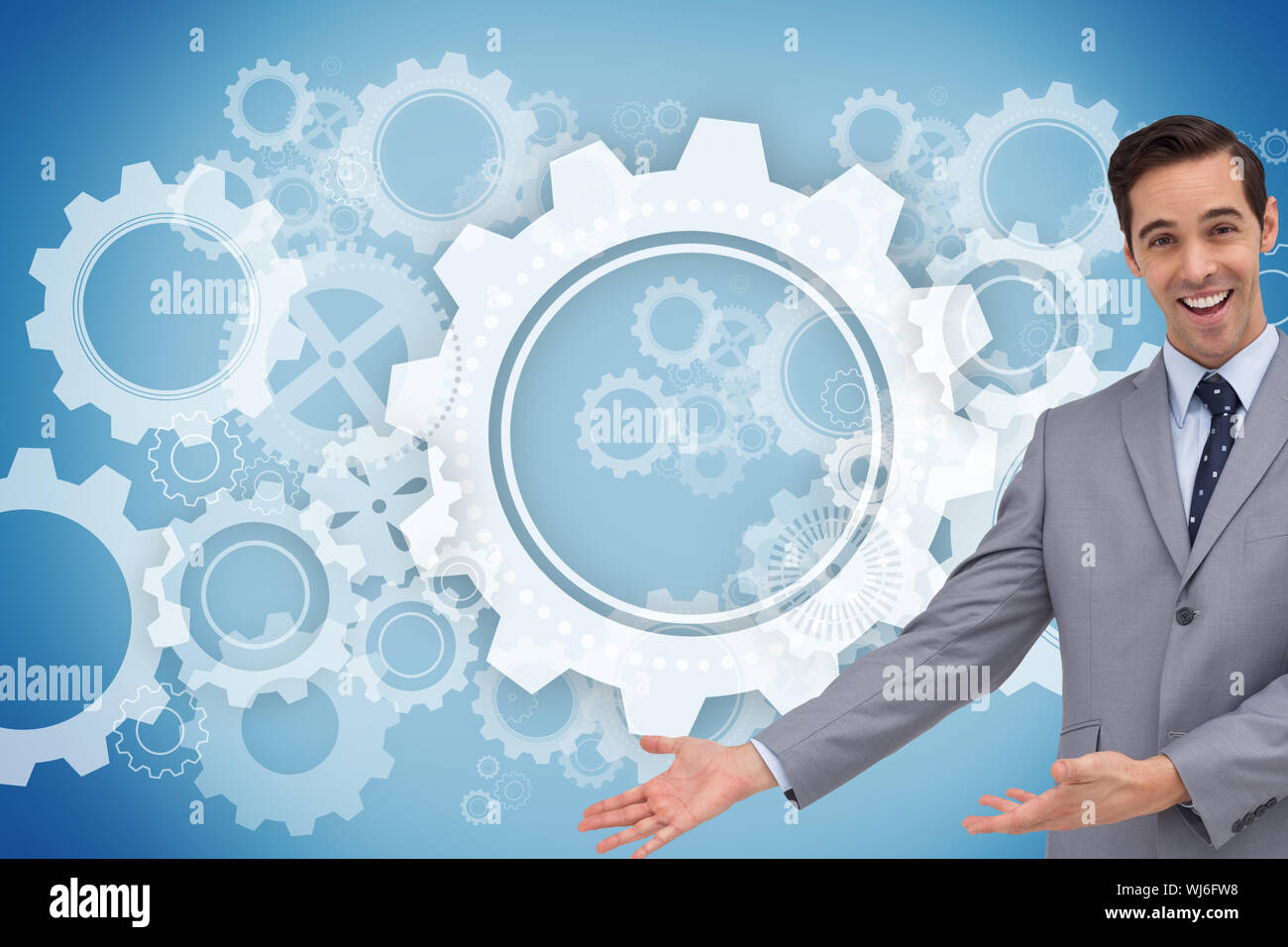 Composite image of happy businessman giving a presentation with his ...