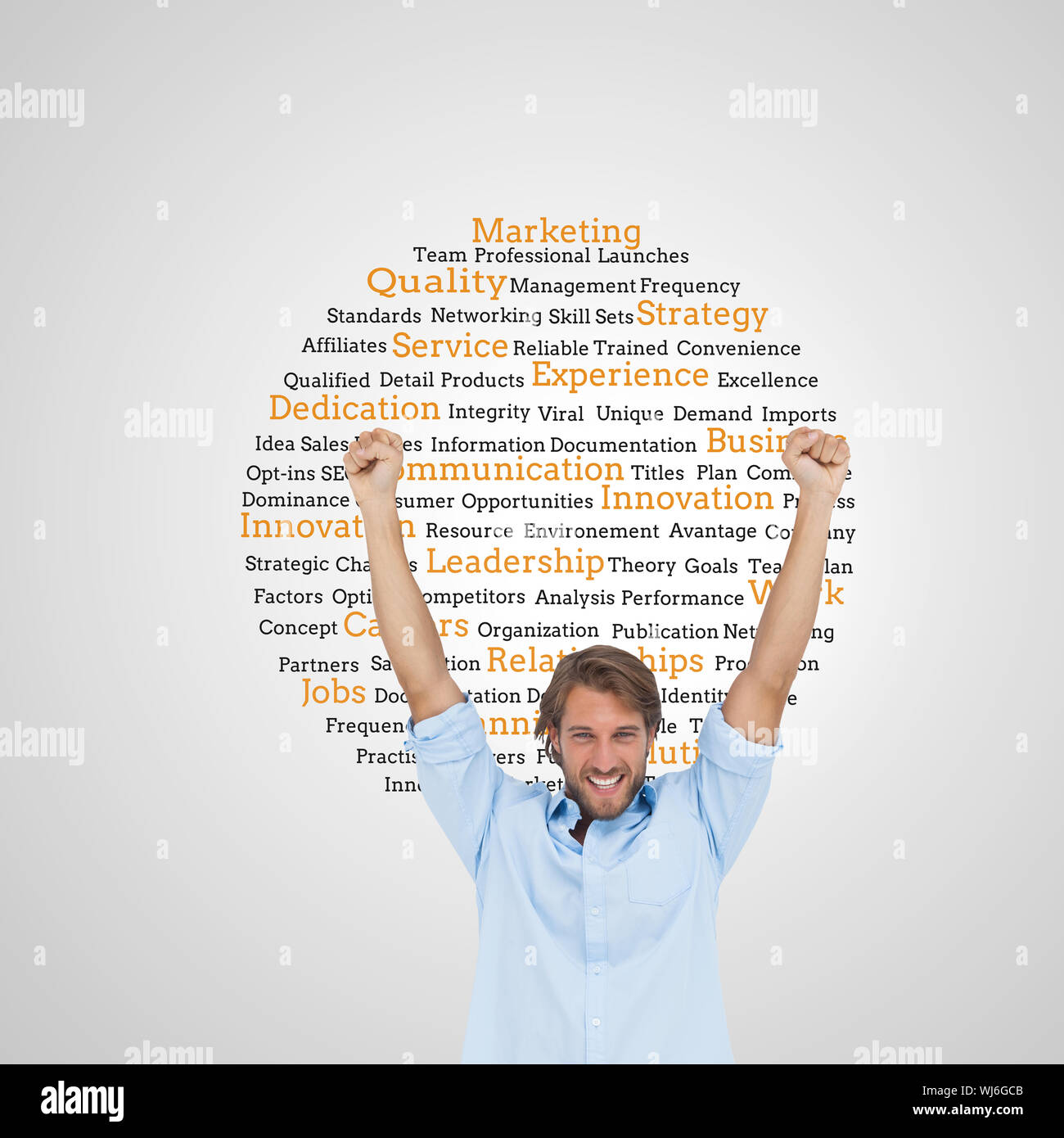 Composite image of happy man celebrating success with arms up on white ...