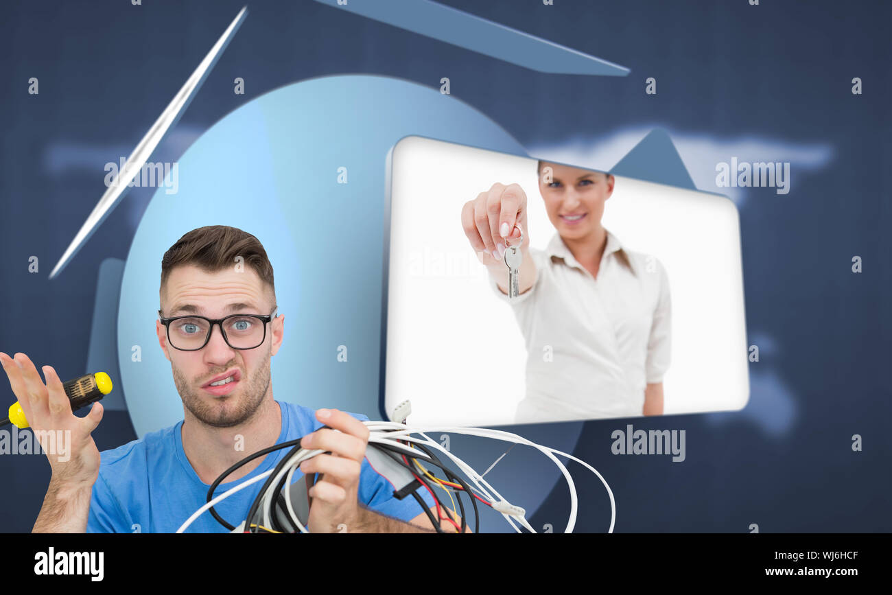 Composite image of portrait of confused young it professional with ...