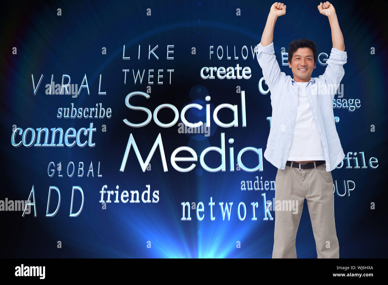 Composite image of cheering male with arms up Stock Photo - Alamy
