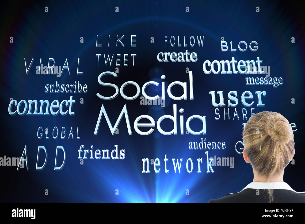 Composite image of blonde businesswoman standing with hands on hips ...