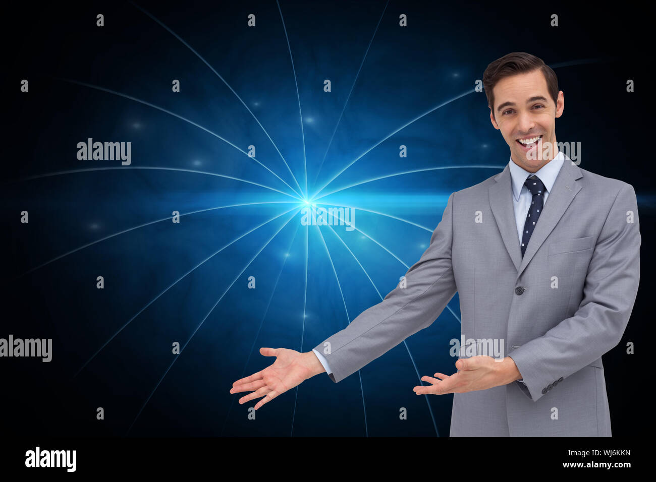 Composite image of happy businessman giving a presentation with his ...