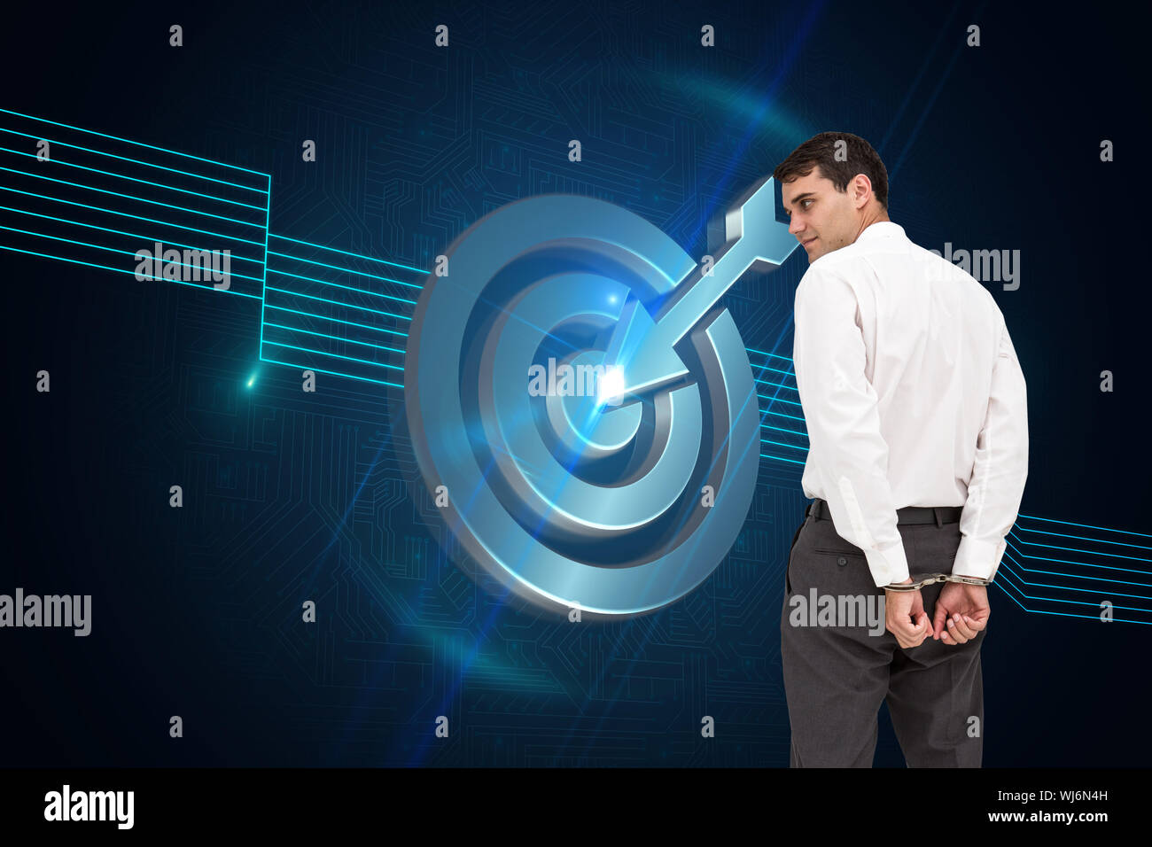 Composite image of frowning businessman wearing handcuffs Stock Photo - Alamy