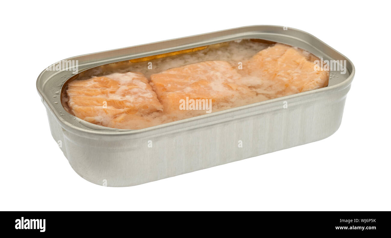 Side view of an open tin of salmon in water isolated on a white ...