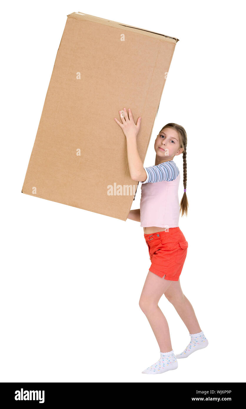 Girl with cardboard box on the white background Stock Photo - Alamy