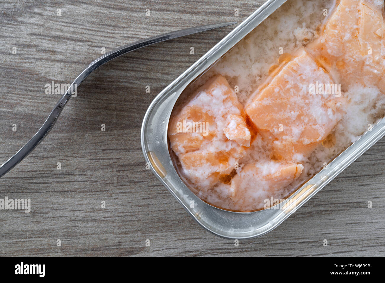 Top close view of an open tin of salmon in water with a fork to the ...