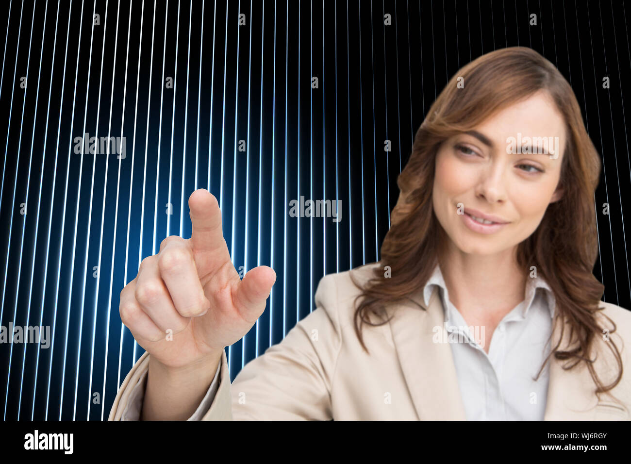 Composite image of businesswoman touching invisible screen against ...