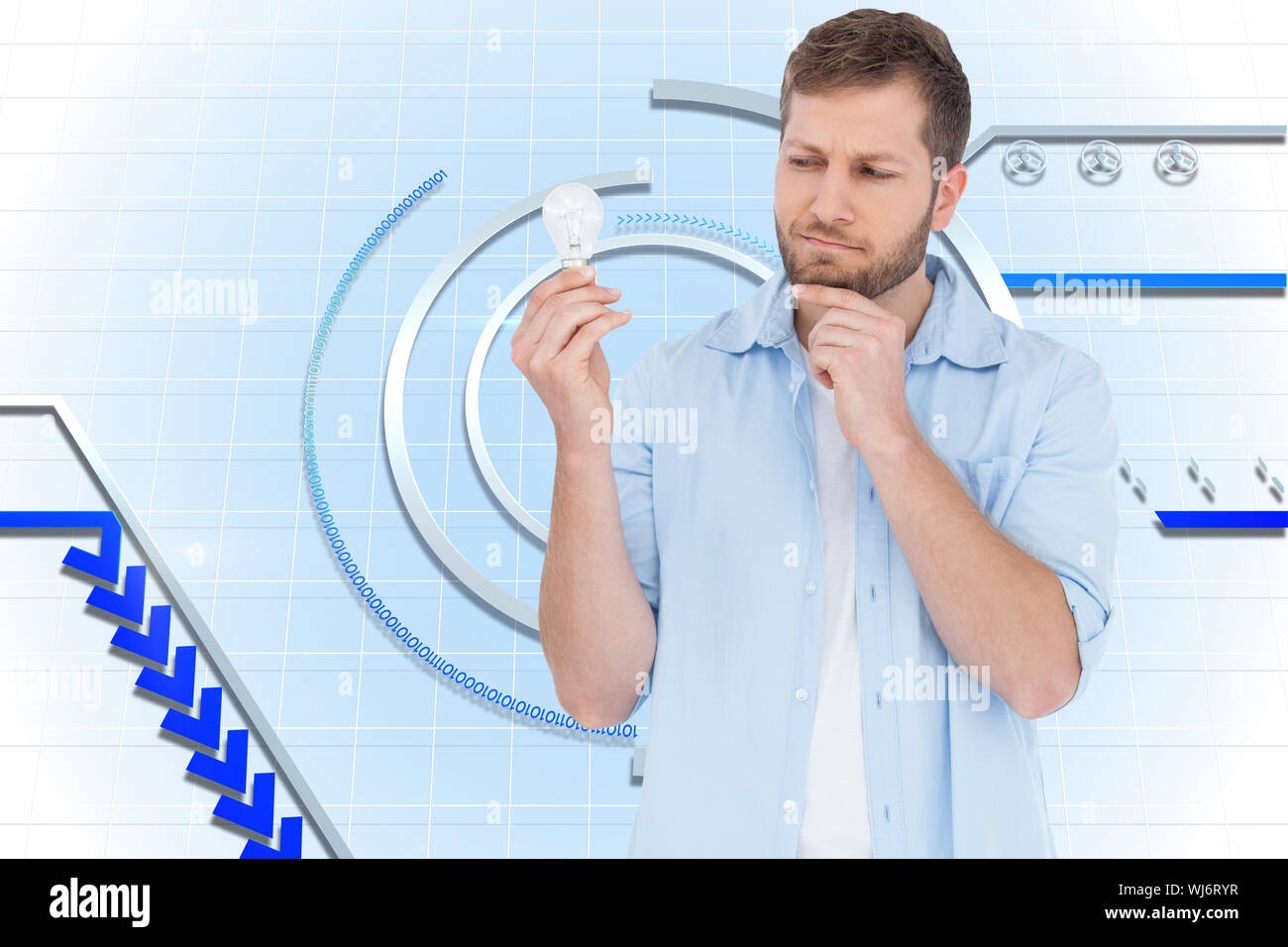 Composite image of sceptical model on white background holding a bulb ...