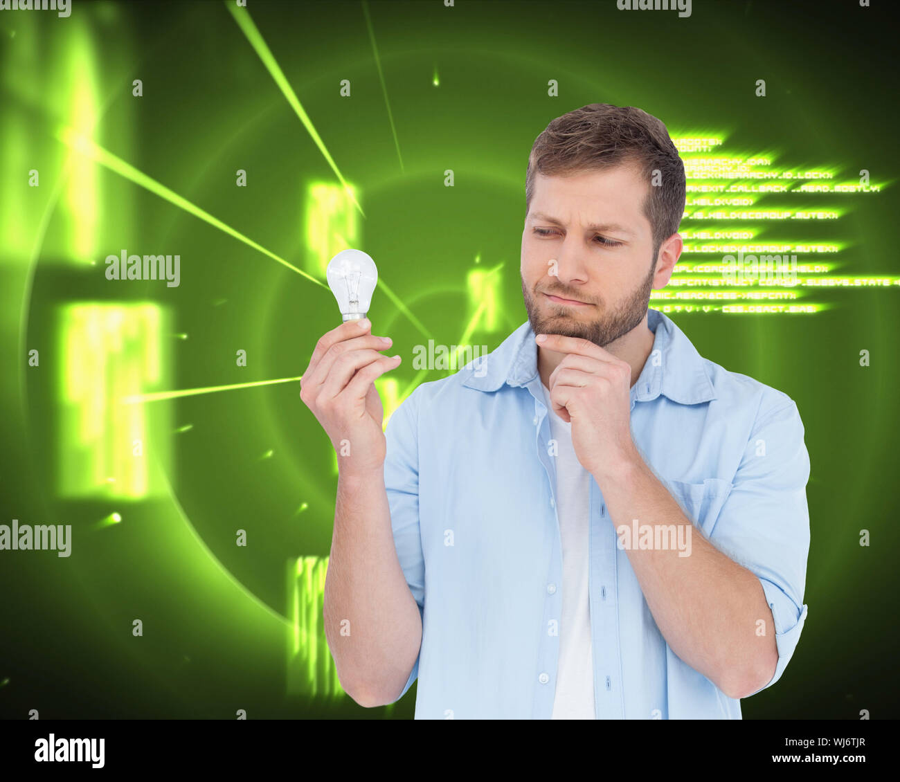Composite image of sceptical model on white background holding a bulb ...