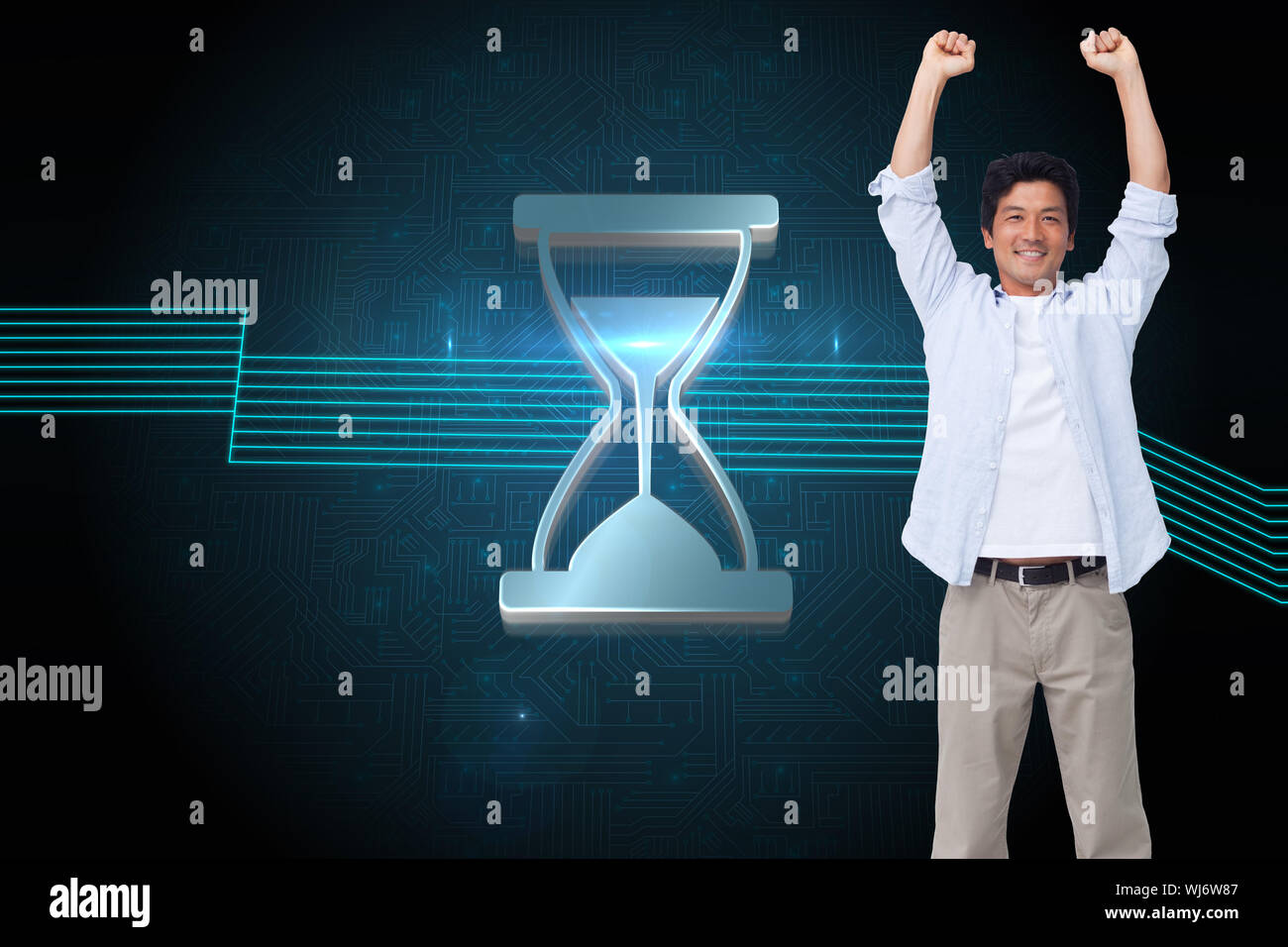 Composite image of cheering male with arms up Stock Photo - Alamy