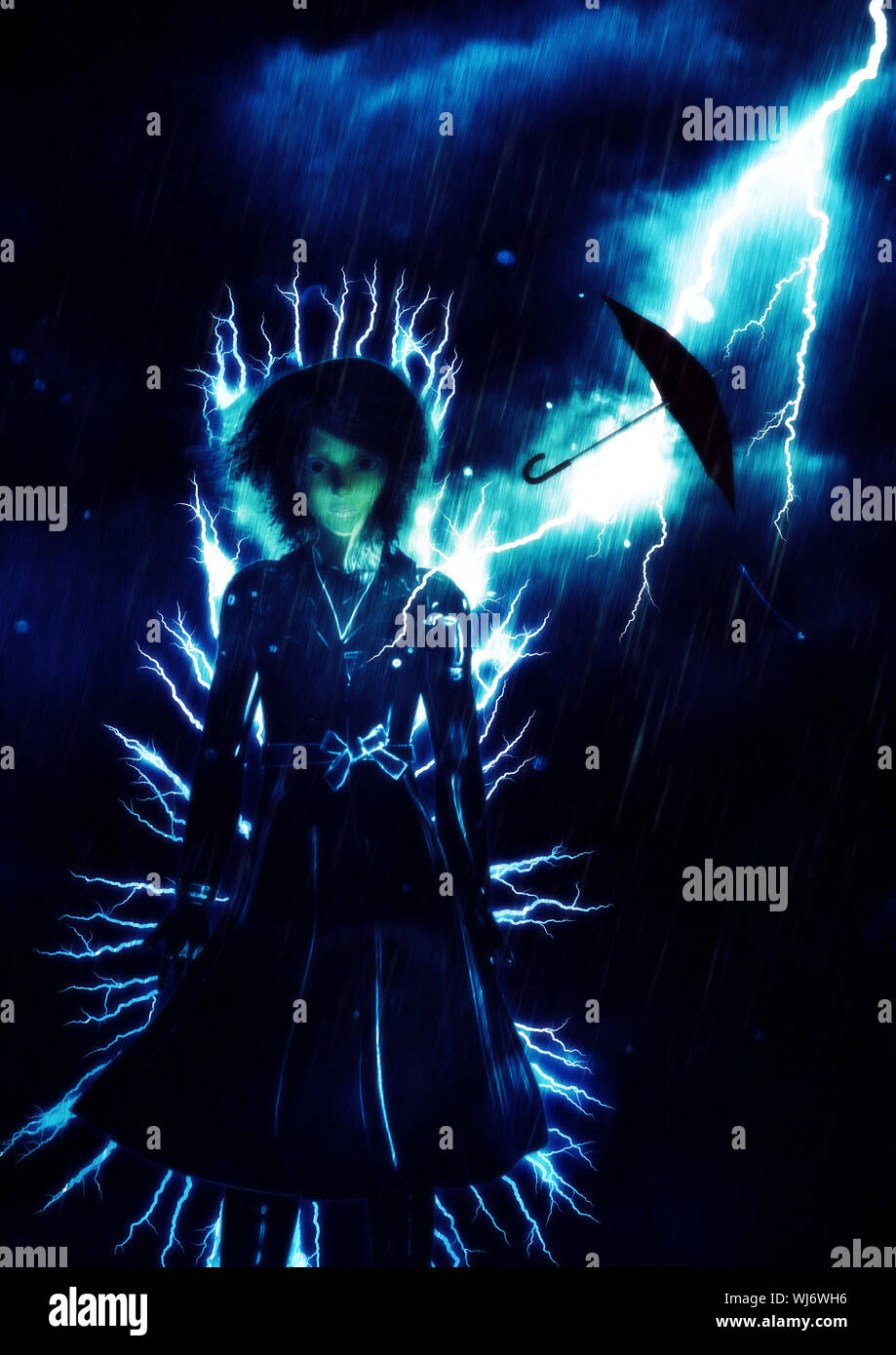 Abstract 3d render girl and umbrella during storm with heavy rain ...