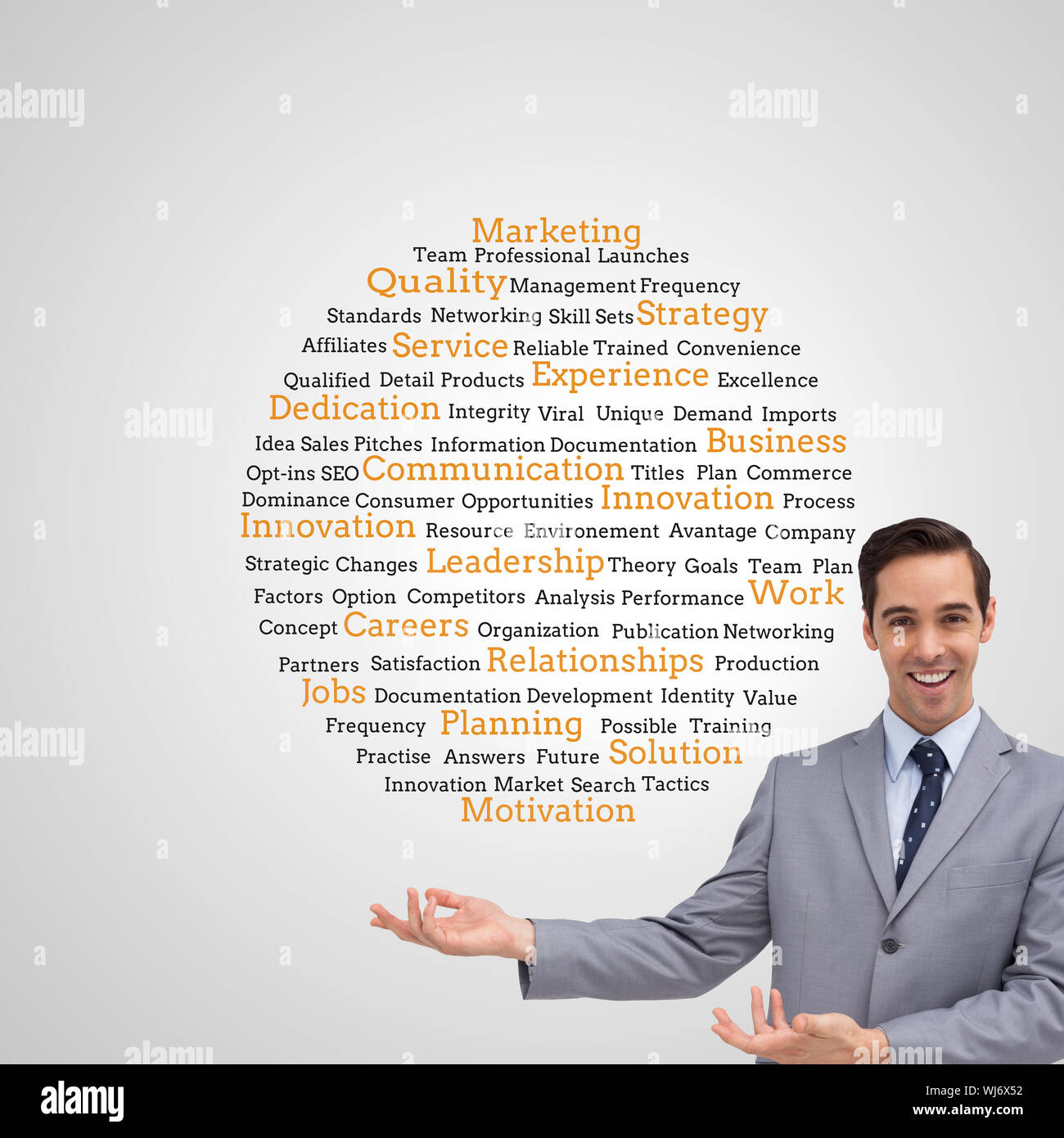 Composite image of young businessman presenting something Stock Photo ...