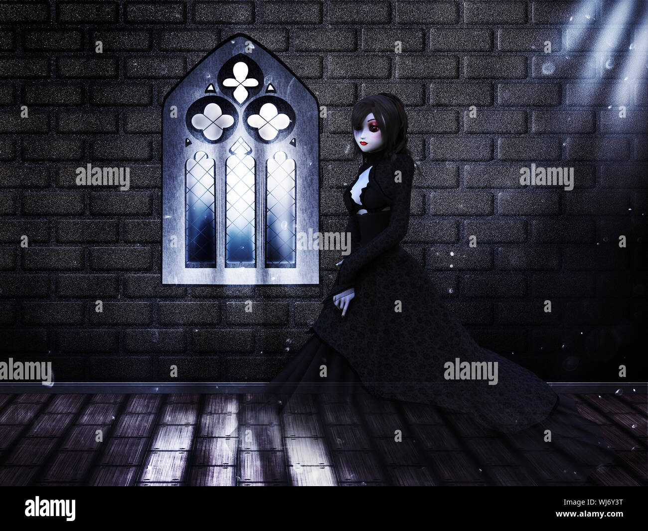 Illustration of haunted old castle interior with ghost, vampire, witch ...