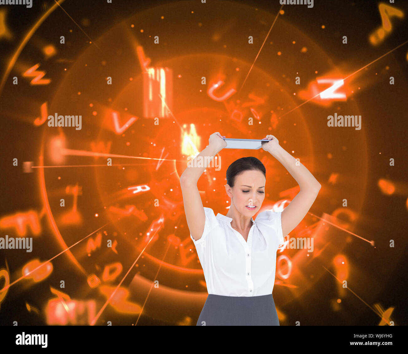 Composite image of angry businesswoman throwing her tablet pc while ...