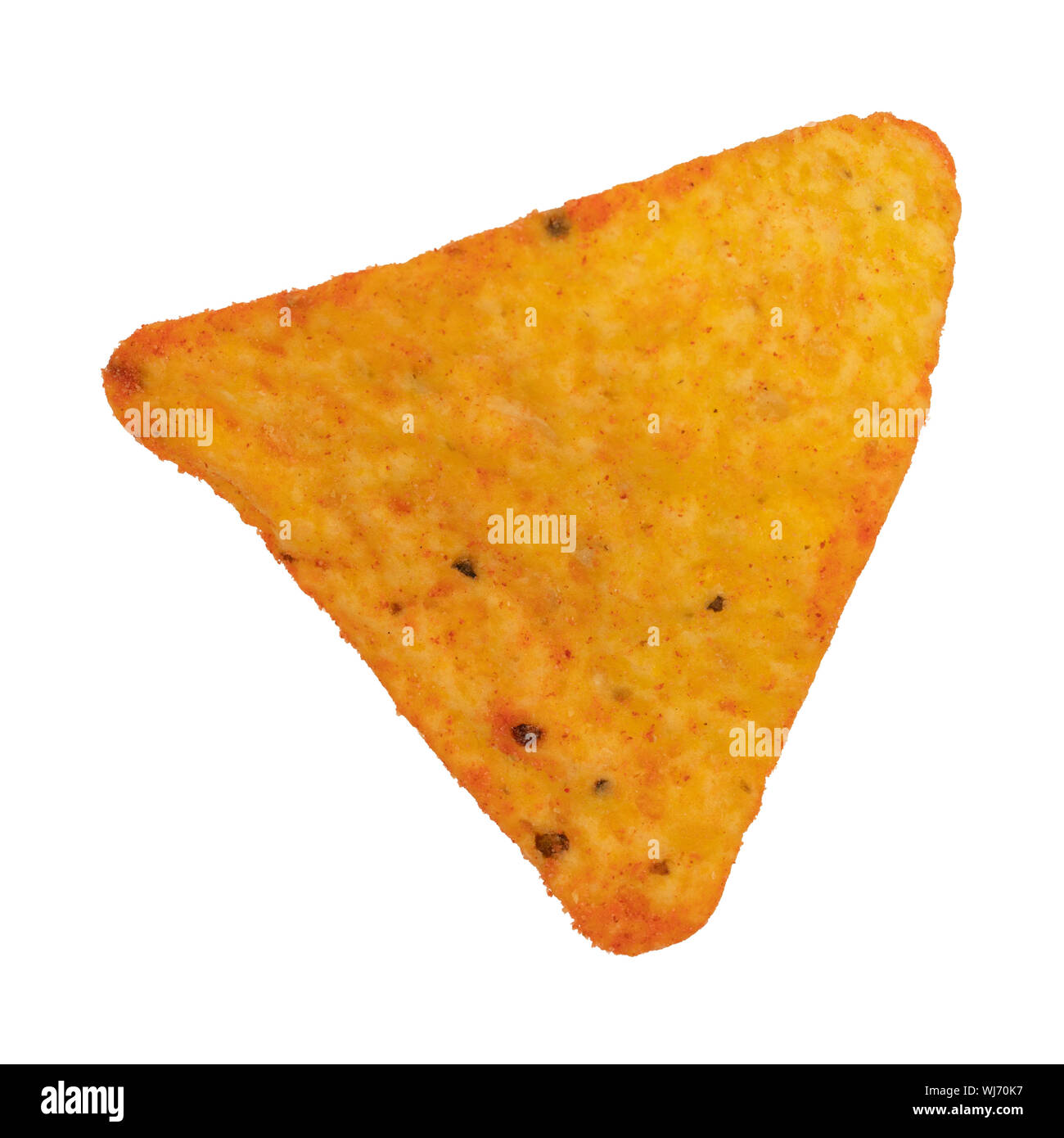 Top view of a single cheese flavored tortilla chip isolated on a white ...