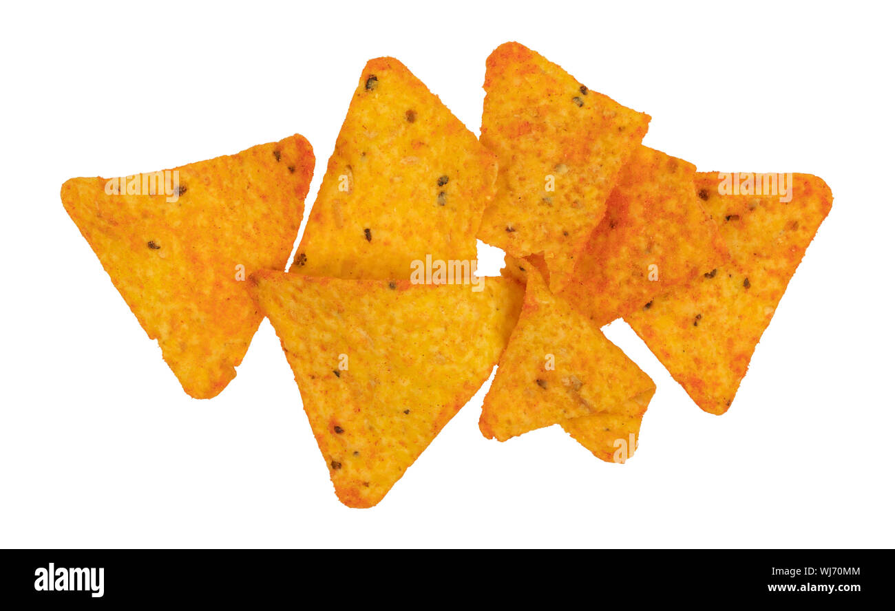 Top view of a serving of cheese flavored tortilla chips isolated on a ...