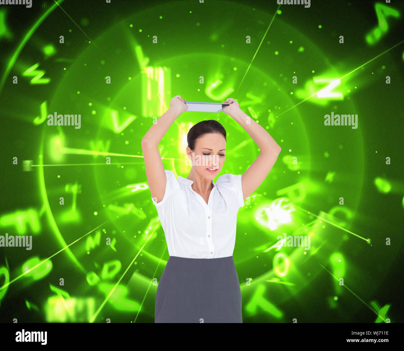 Composite image of angry businesswoman throwing her tablet pc while ...