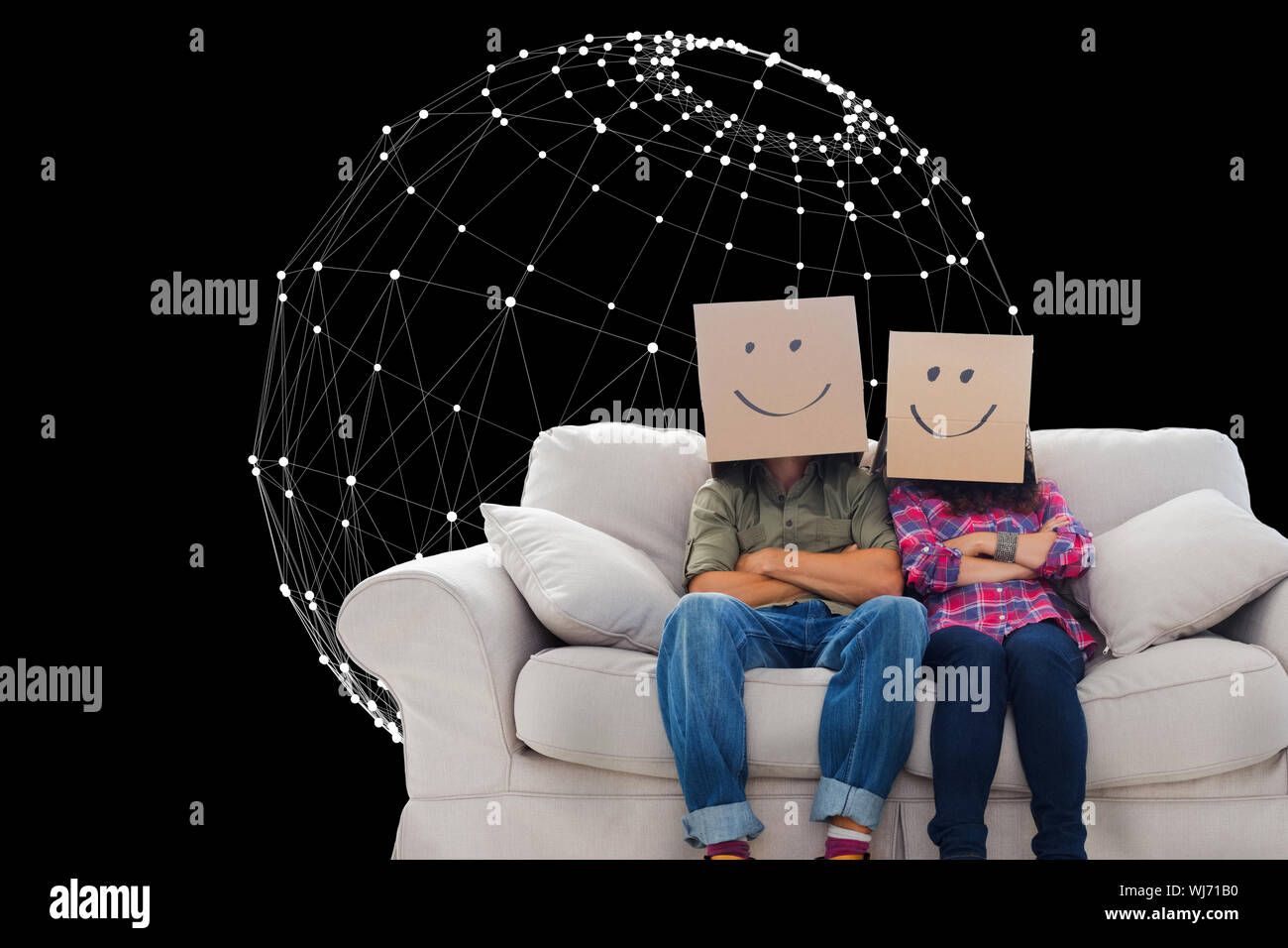 Composite image of silly employees with arms folded wearing boxes on ...