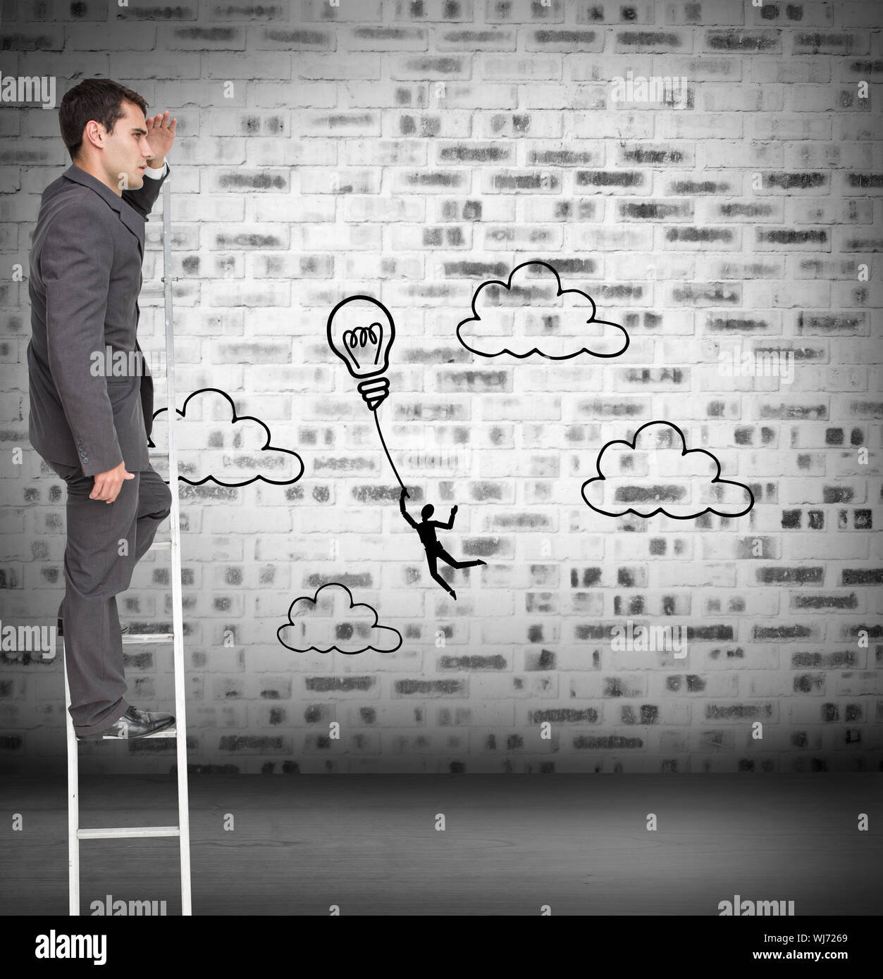 Composite image of stern businessman standing on ladder peering Stock ...