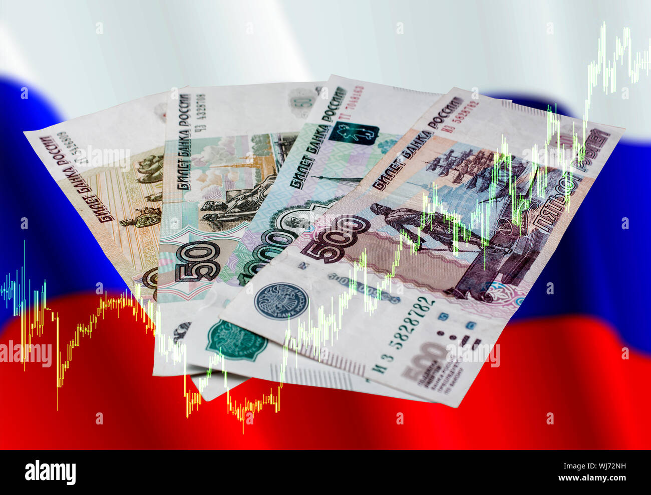 Russian ruble with growth schedule Russian rubles on a colored ...