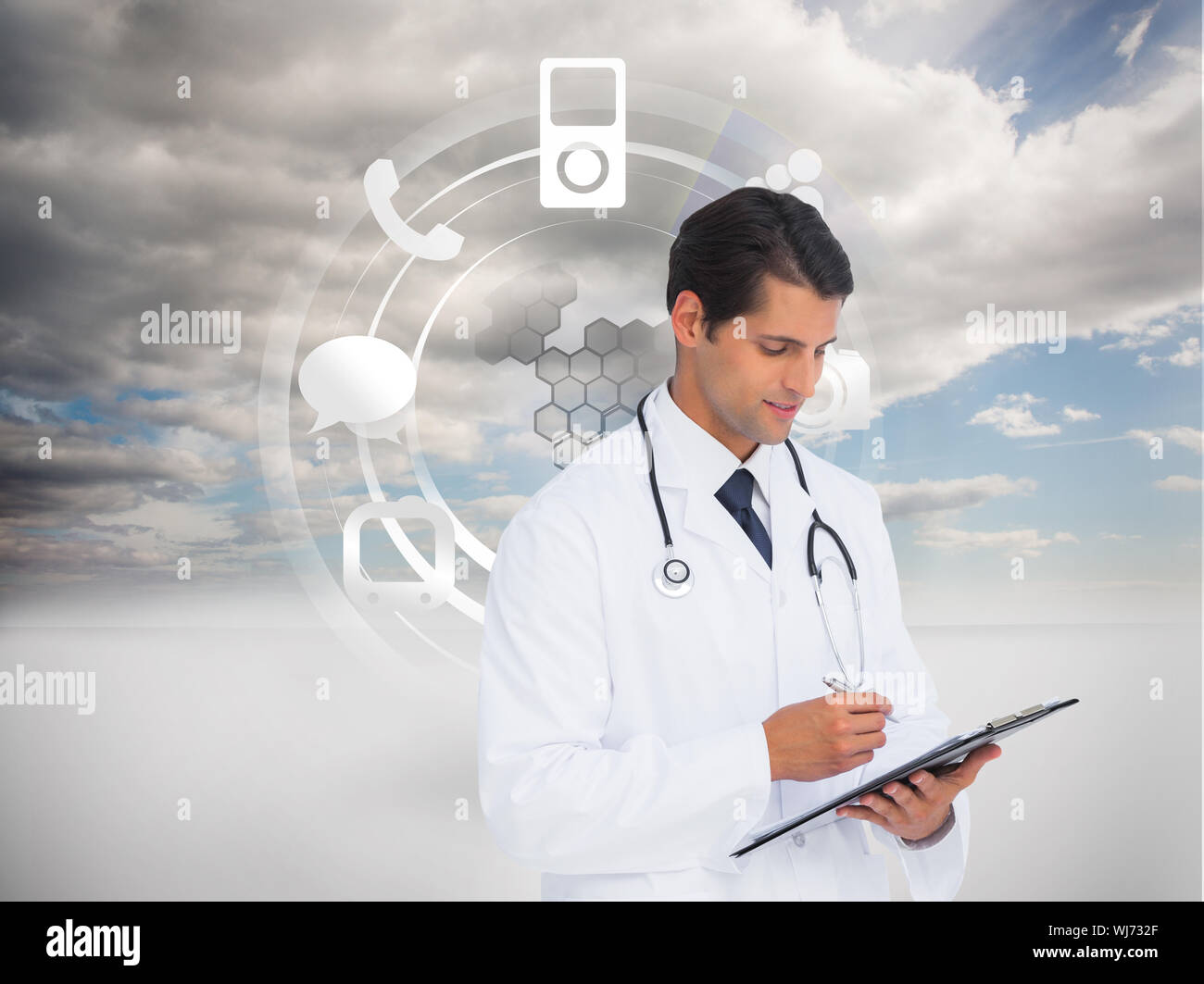 Composite image of smiling doctor holding pen and clipboard on a white ...