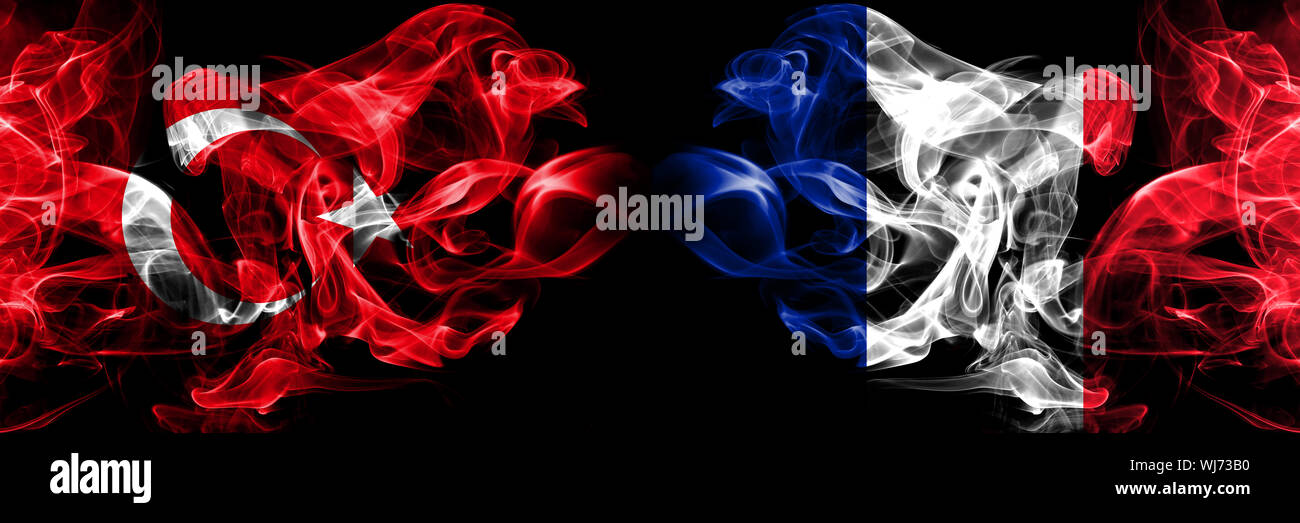 Turkey, Turkish, France, French competition thick colorful smoky flags ...