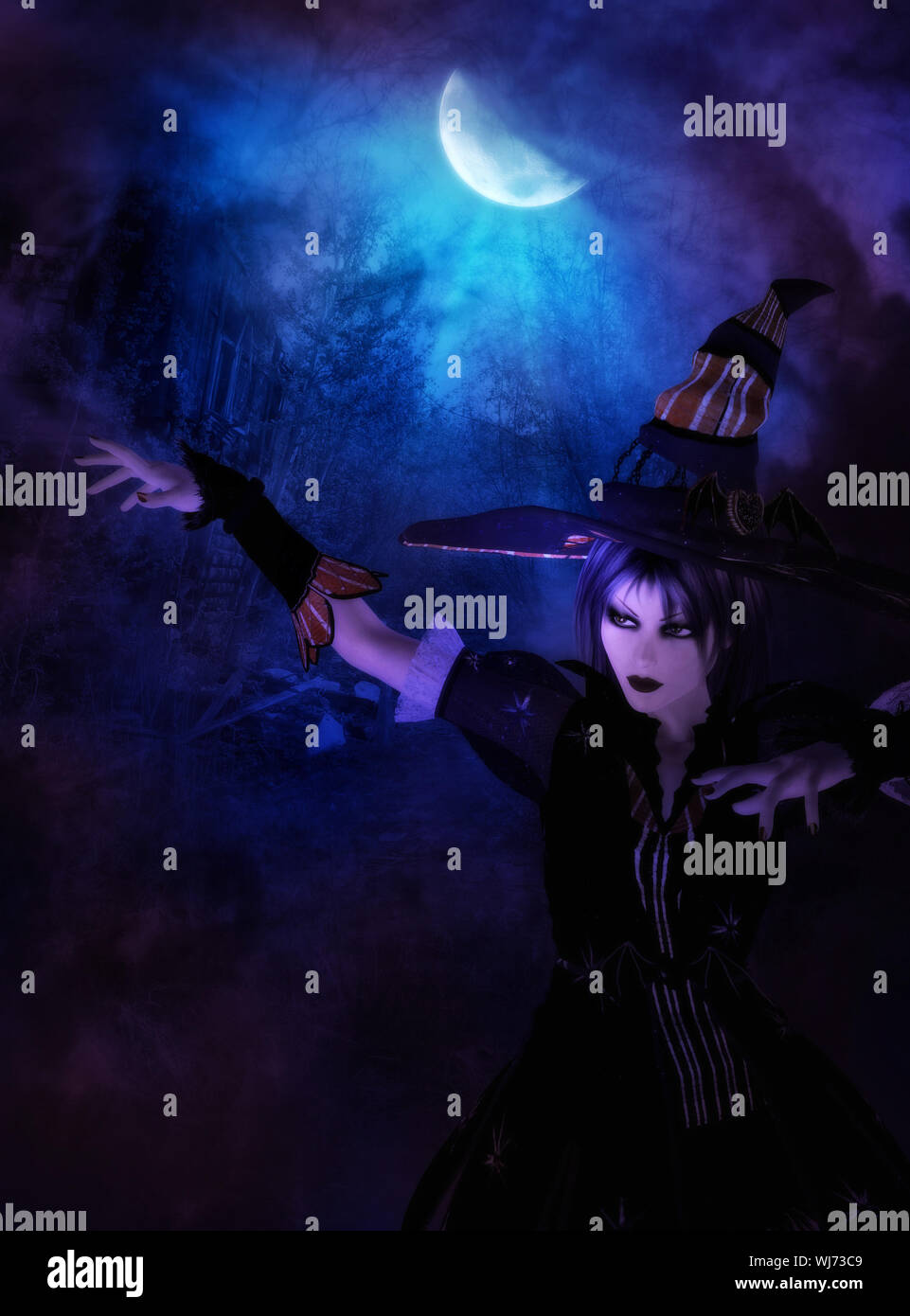 Dark mysterious night background with witch and moonlight Stock Photo ...