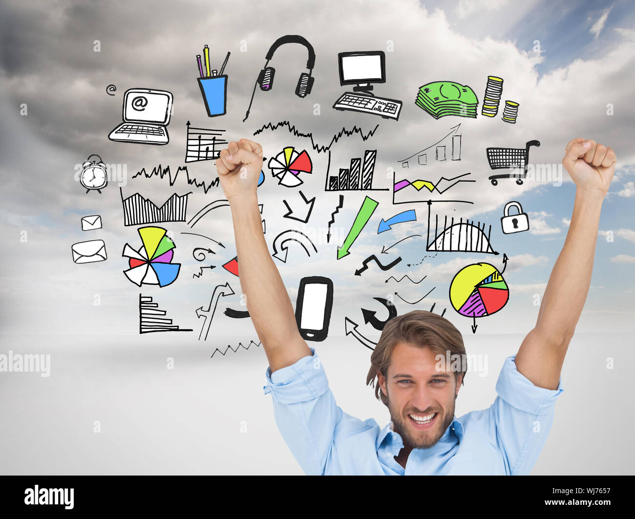 Composite image of happy man celebrating success with arms up on white ...